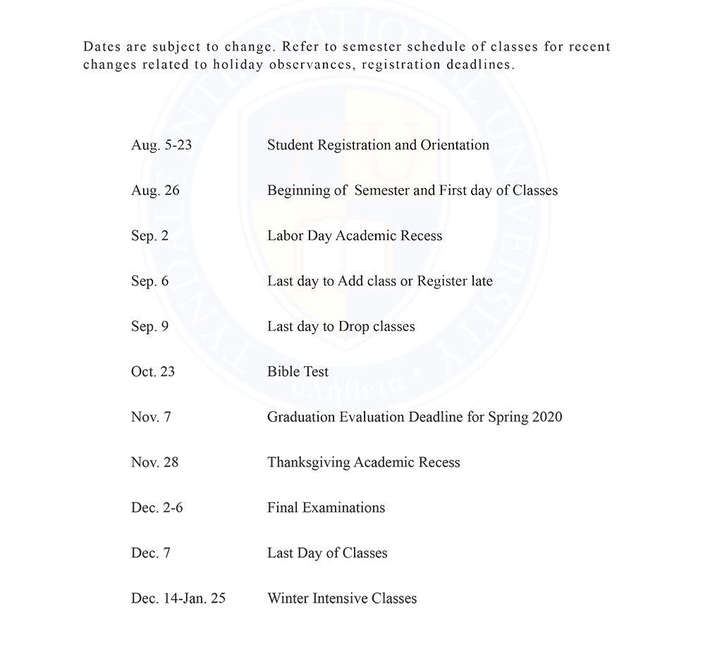 2019 Fall Academic Calendar | Tyndale International Theological Seminary